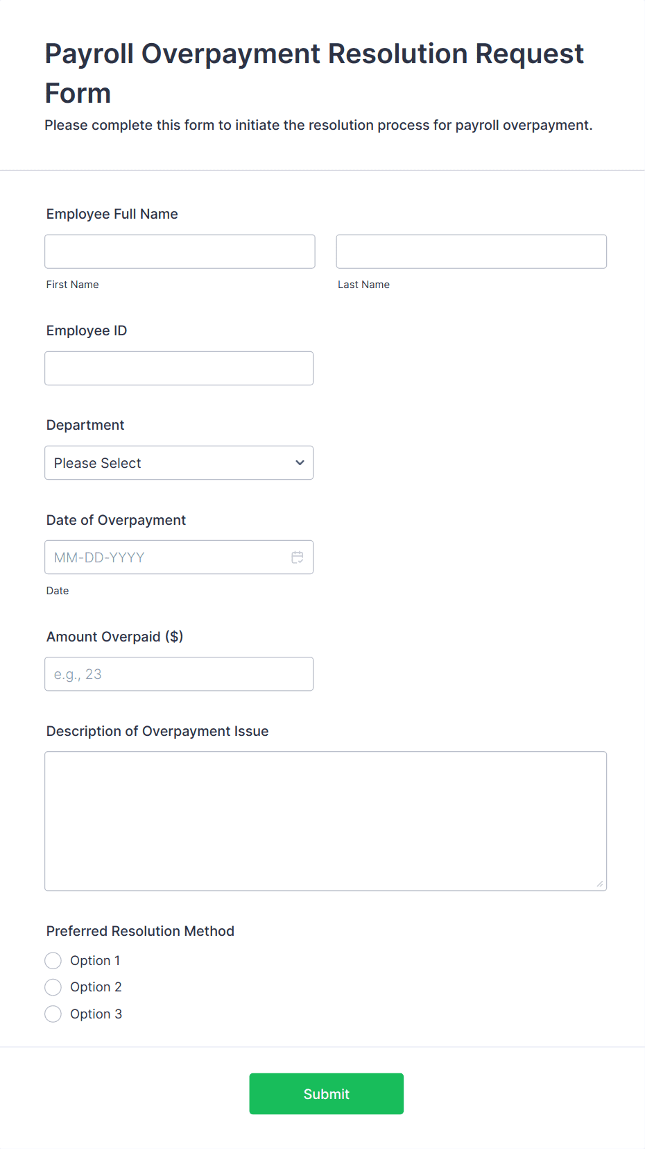 Payroll Overpayment Resolution Request Form Template | Jotform