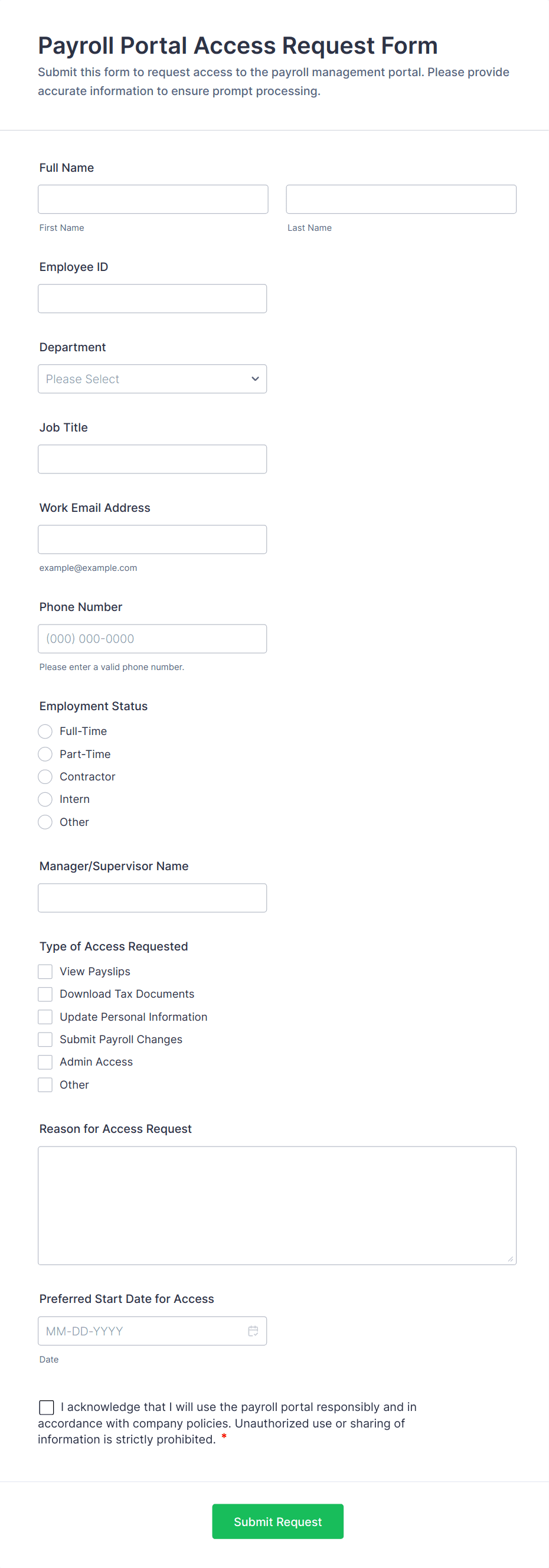 Payroll Portal Access Request Form Template | Jotform
