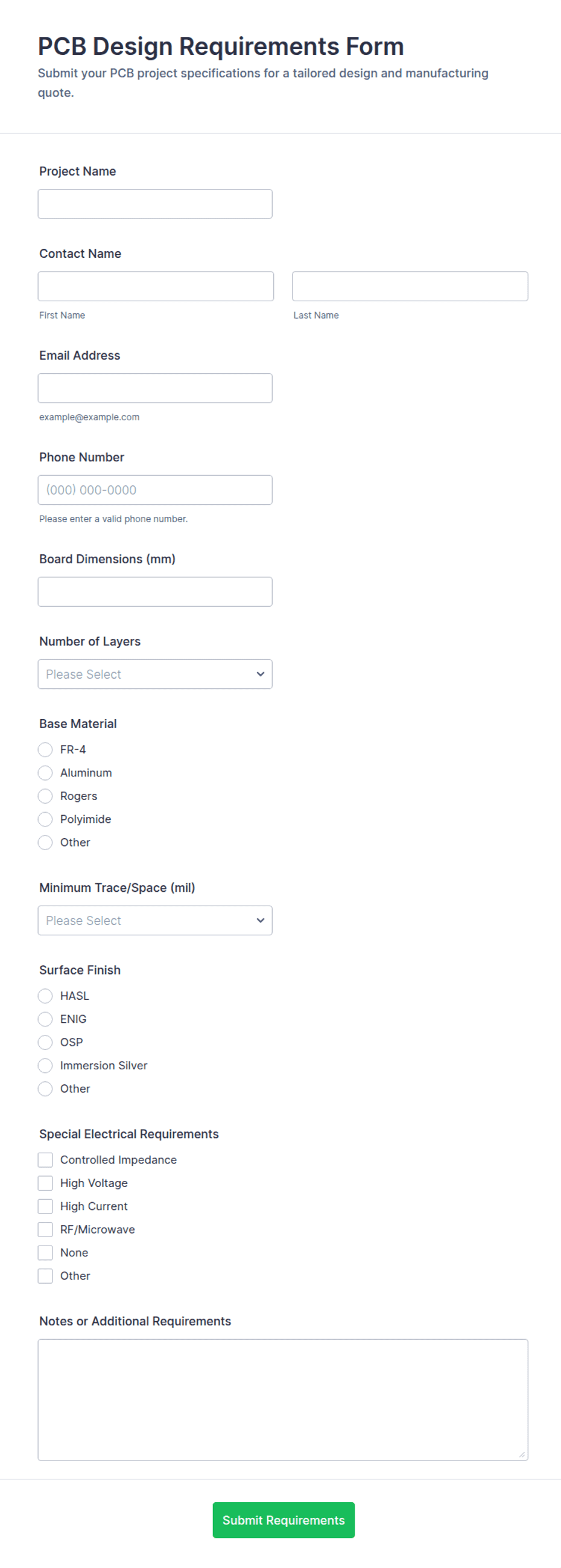 PCB Design Requirements Form Template | Jotform