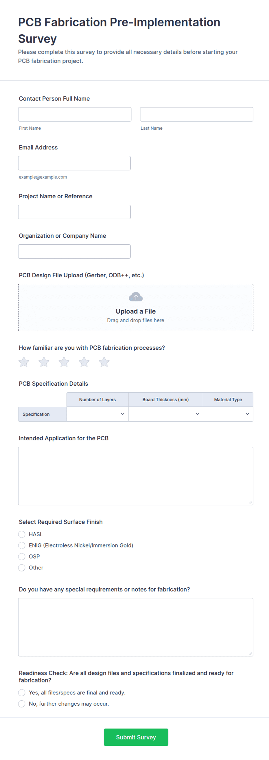 PCB Fabrication Pre-Implementation Survey Form Template | Jotform