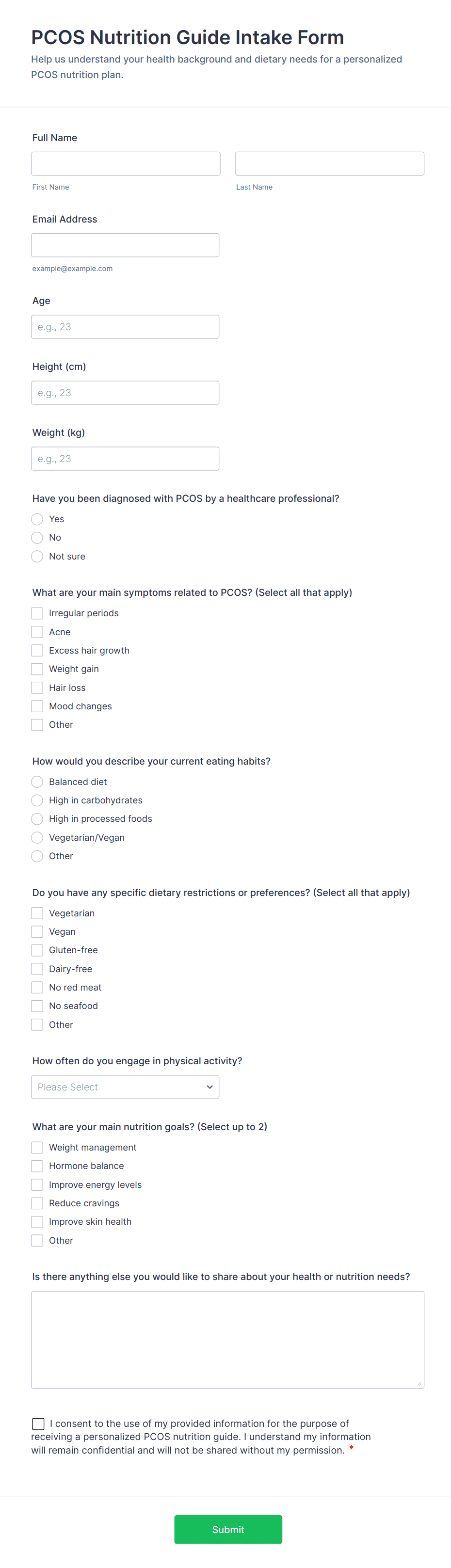PCOS Nutrition Guide Intake Form Form Template | Jotform