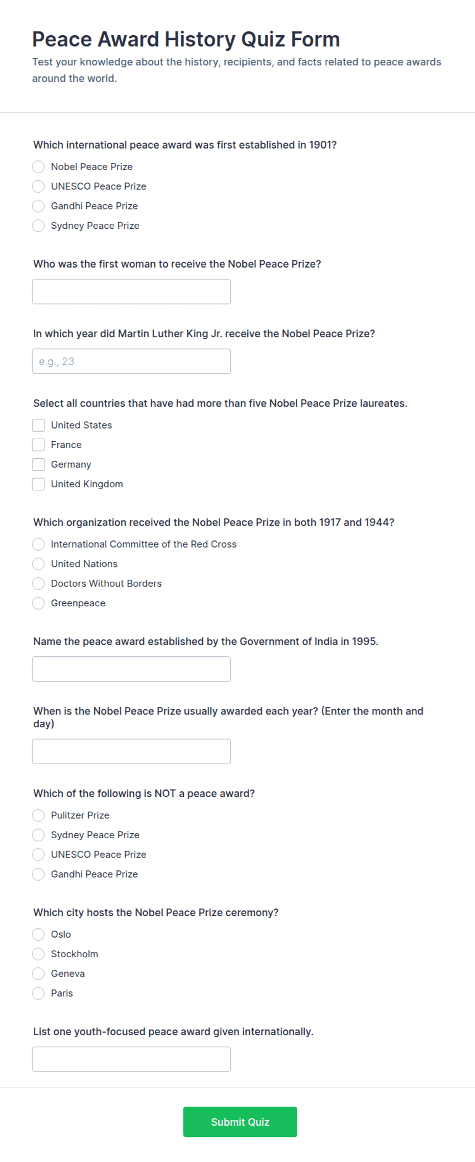 Peace Award History Quiz Form Template | Jotform