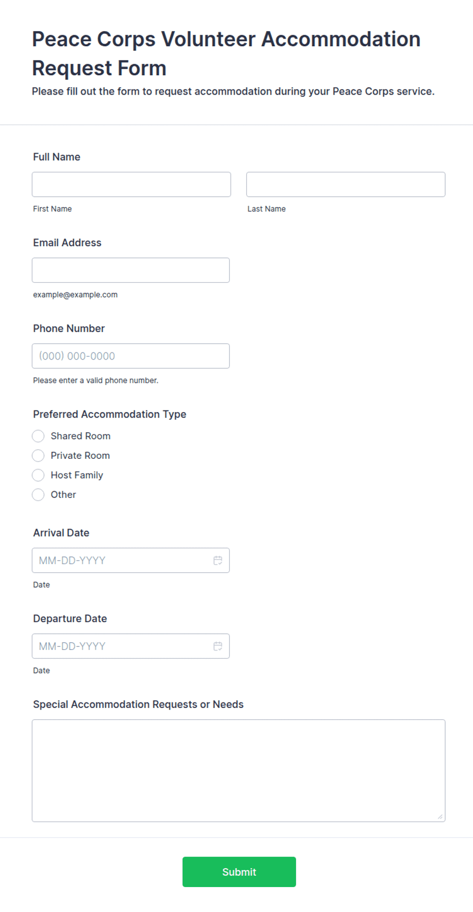 Peace Corps Volunteer Accommodation Request Form Template | Jotform