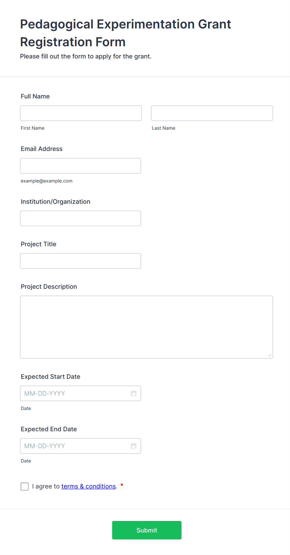 Pedagogical Experimentation Grant Registration Form Template | Jotform