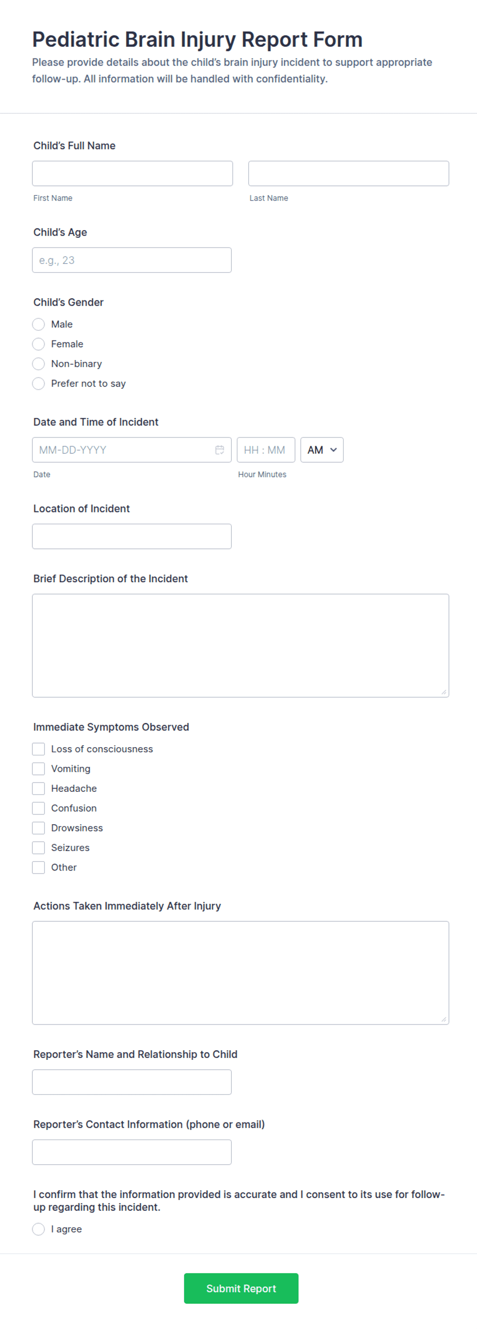 Pediatric Brain Injury Report Form Template | Jotform