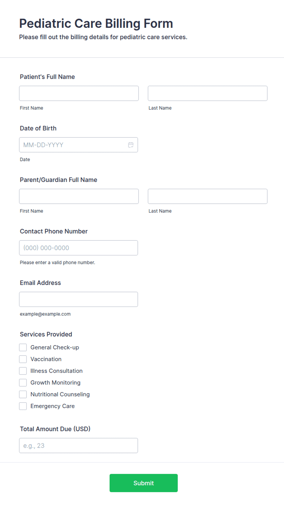 Pediatric Care Billing Form Template | Jotform