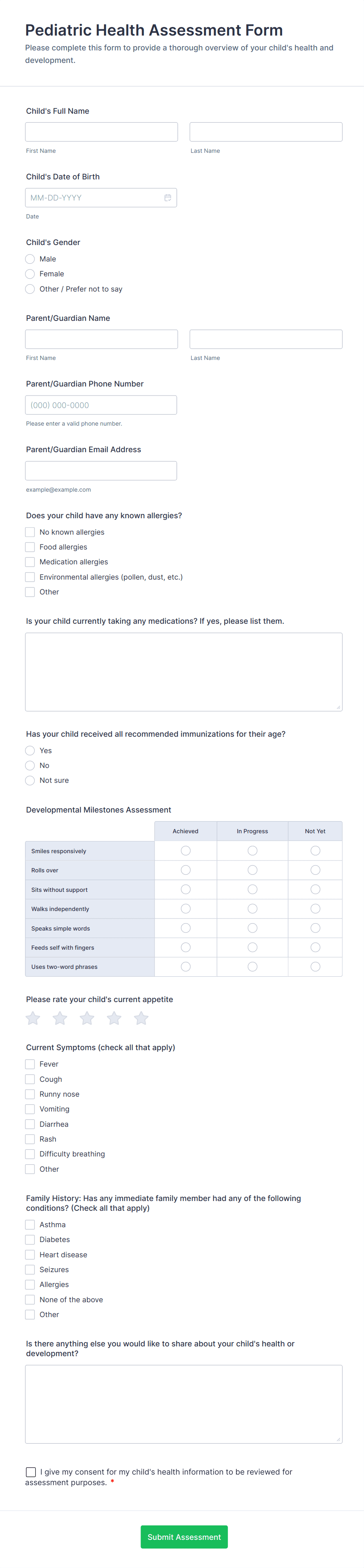 Pediatric Health Assessment Form | Jotform