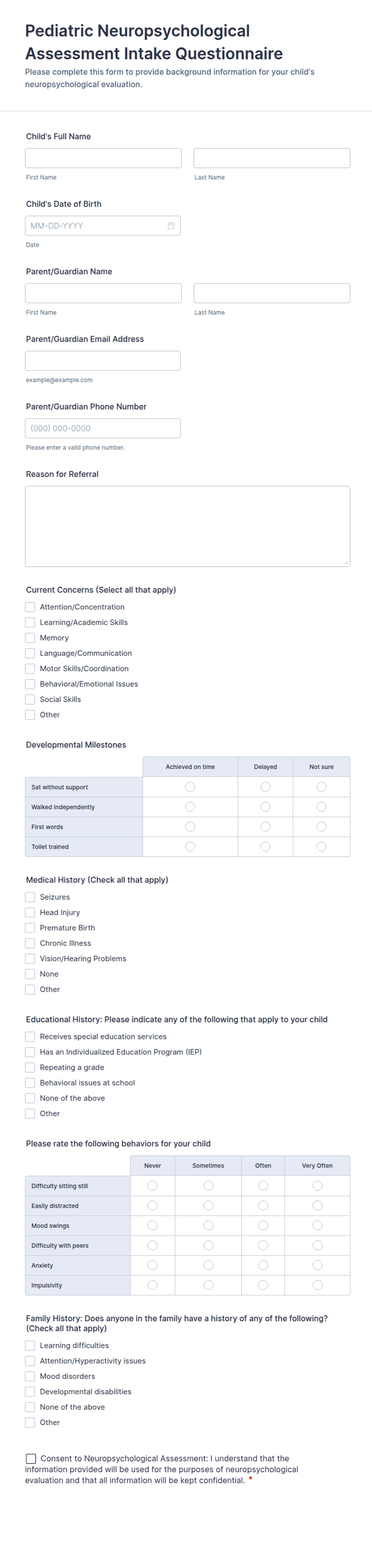 Pediatric Neuropsychological Assessment Intake Questionnaire Form ...