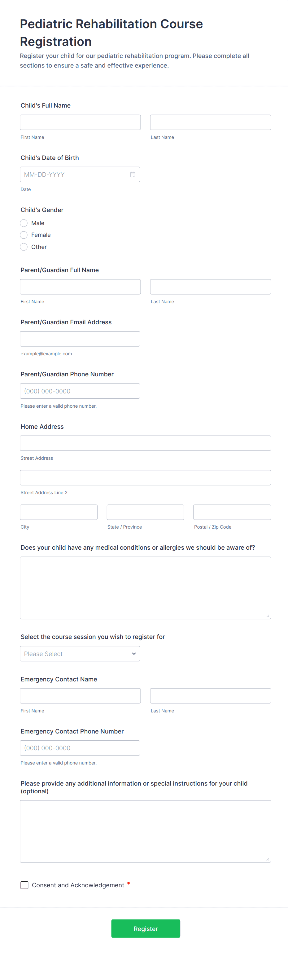 Pediatric Rehabilitation Course Registration Form Template | Jotform