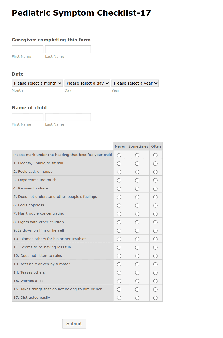 Pediatric Symptom Checklist Form Template | Jotform