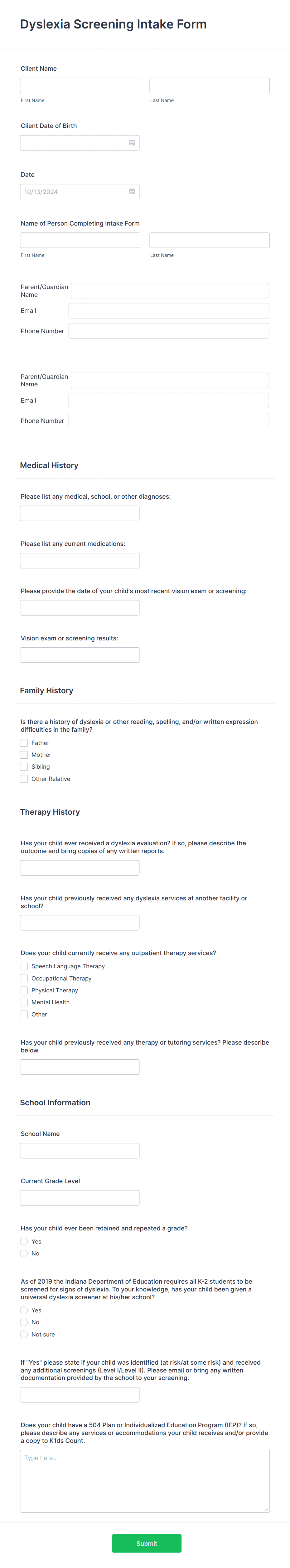 Pediatric Therapy Intake Form Template | Jotform