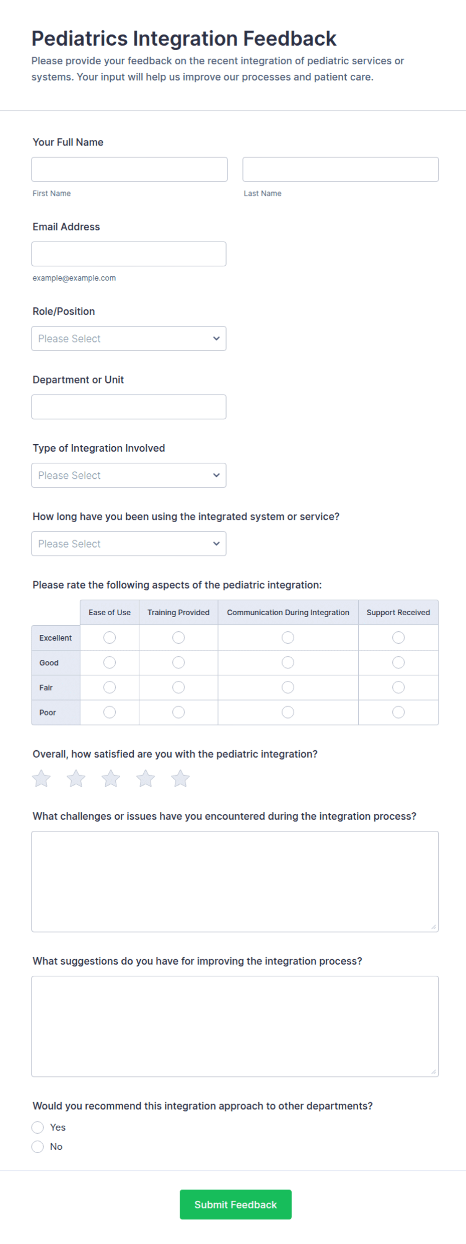 Pediatrics Integration Feedback Form Template | Jotform