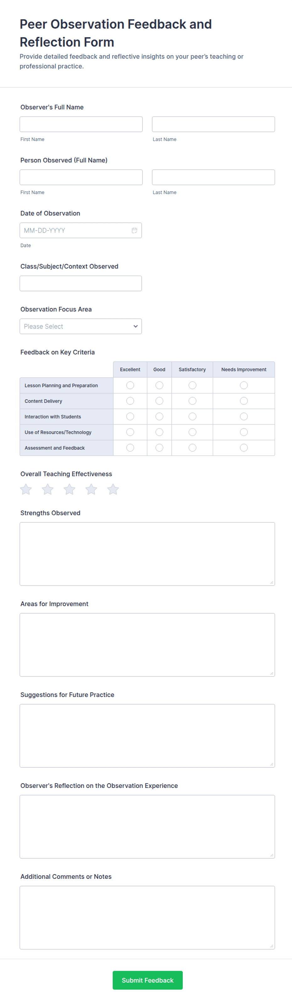 Peer Observation Feedback and Reflection Form Template | Jotform