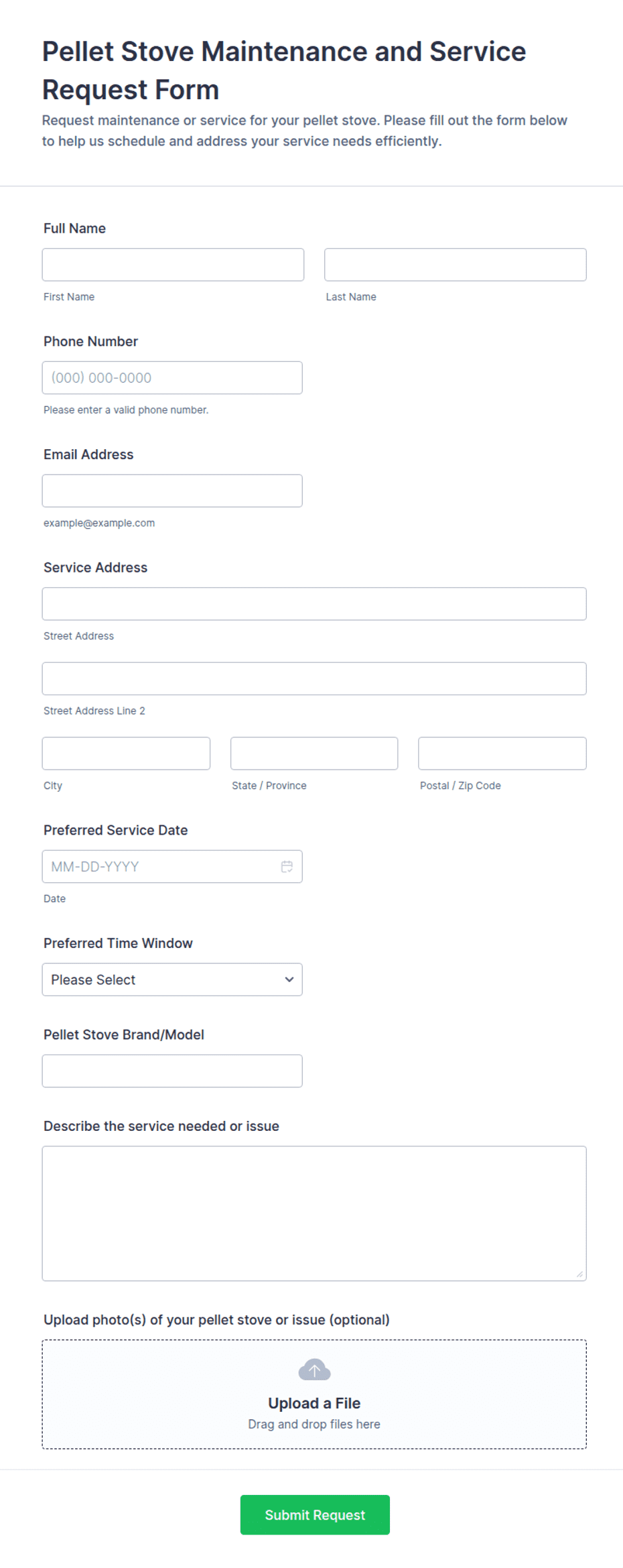 Pellet Stove Maintenance and Service Request Form Template | Jotform