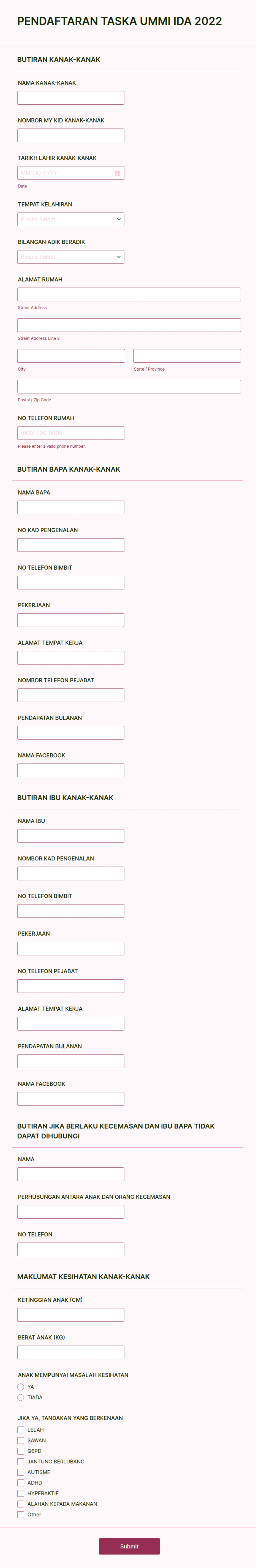 Pendaftaran Taska Ummi Ida 2022 Form Template | Jotform