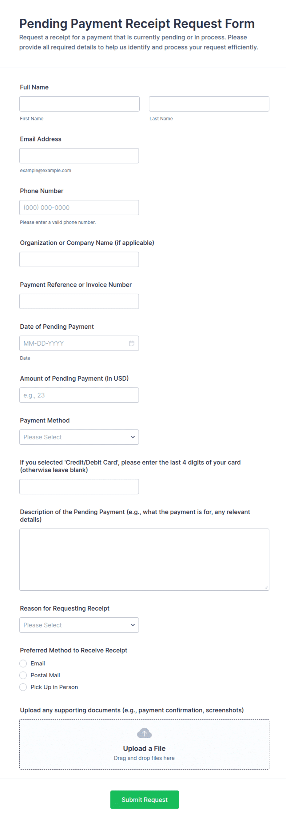 Pending Payment Receipt Request Form Template | Jotform