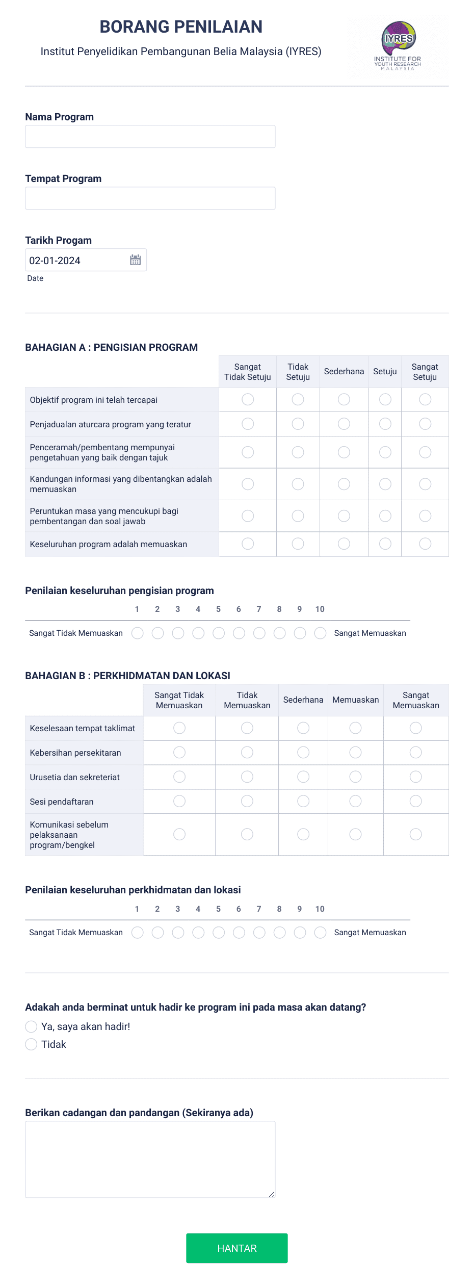 Penilaian Peserta Program IYRES Form Template | Jotform