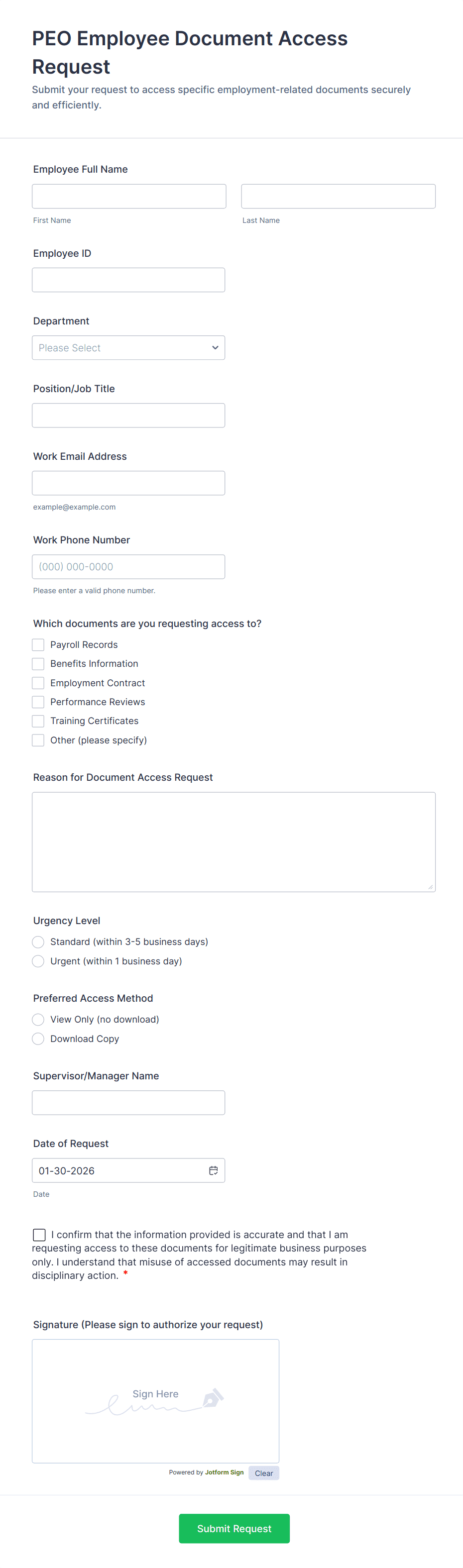 PEO Employee Document Access Request Form Template | Jotform