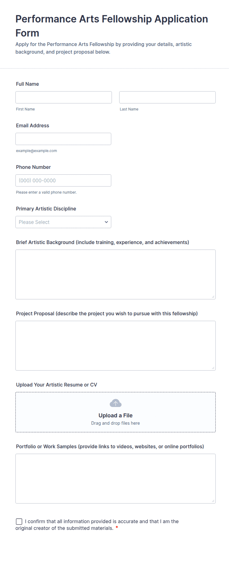 Performance Arts Fellowship Application Form Template | Jotform