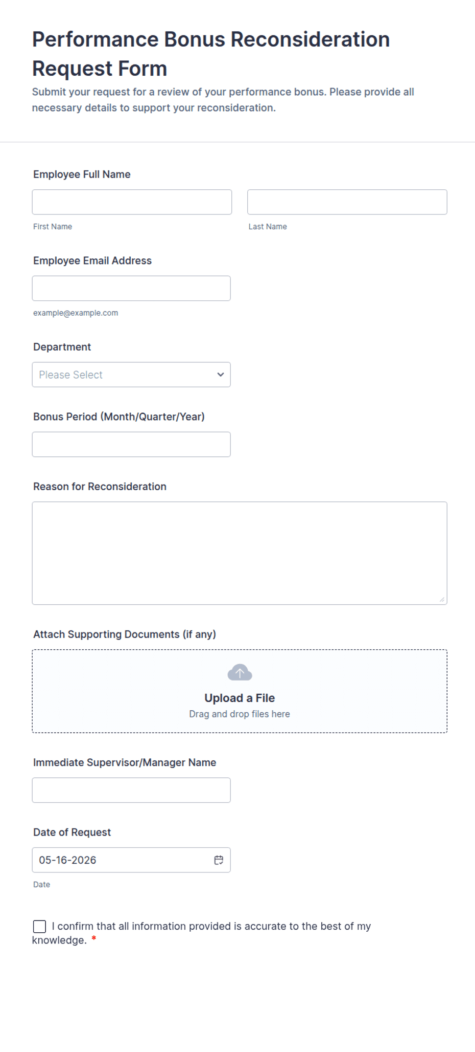 Performance Bonus Reconsideration Request Form Template | Jotform