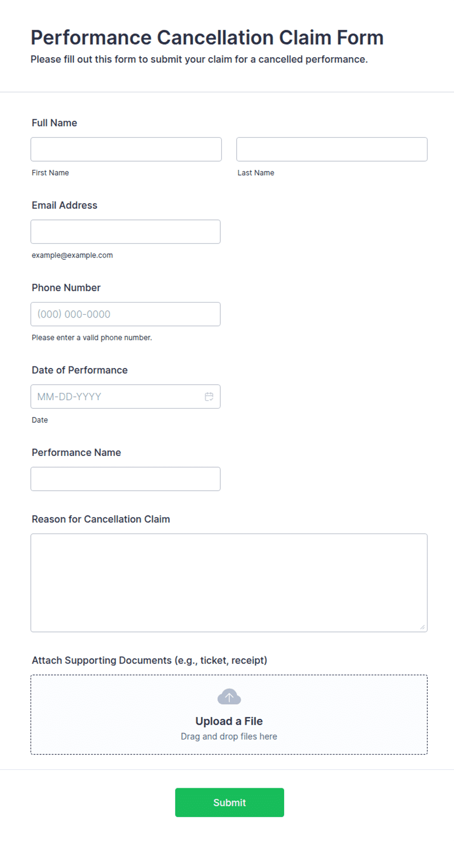 Performance Cancellation Claim Form Template | Jotform