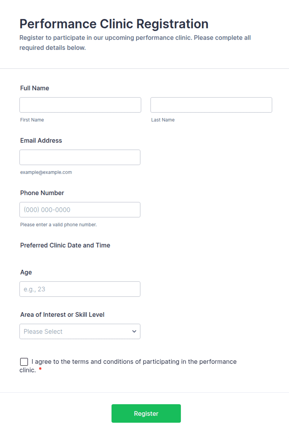 Performance Clinic Registration Form Template | Jotform