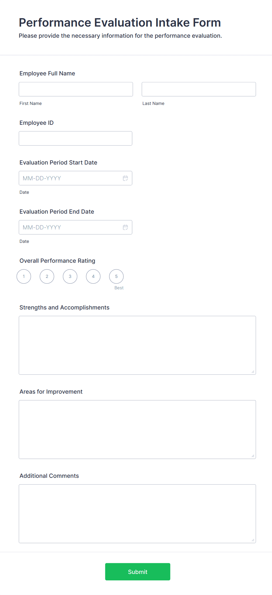 Performance Evaluation Intake Form Template | Jotform