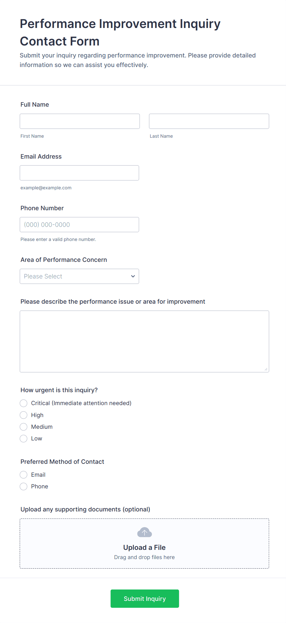 Performance Improvement Inquiry Contact Form Template | Jotform