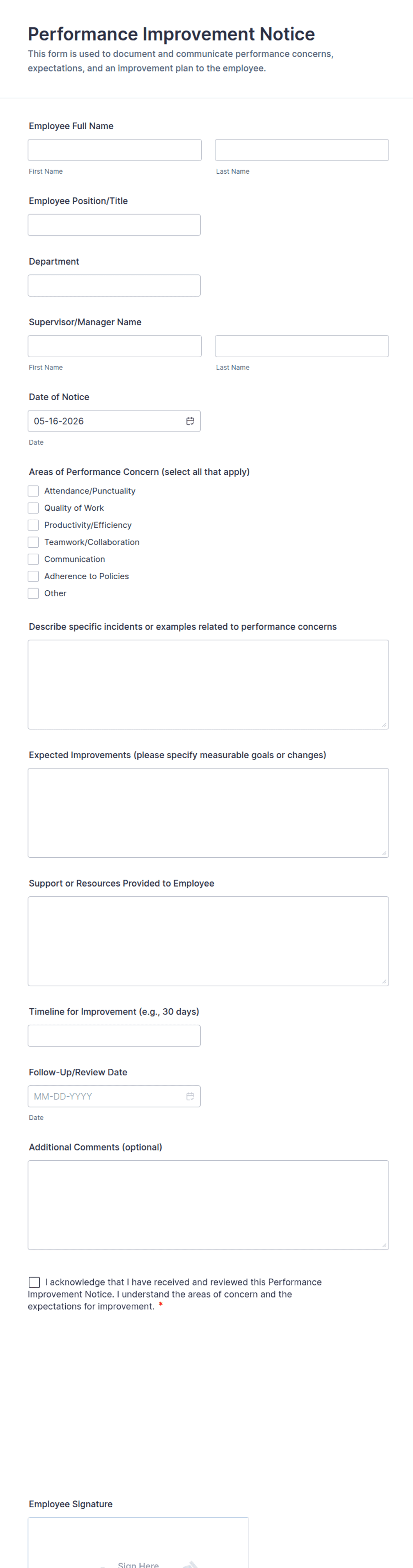 Performance Improvement Notice Form Template | Jotform