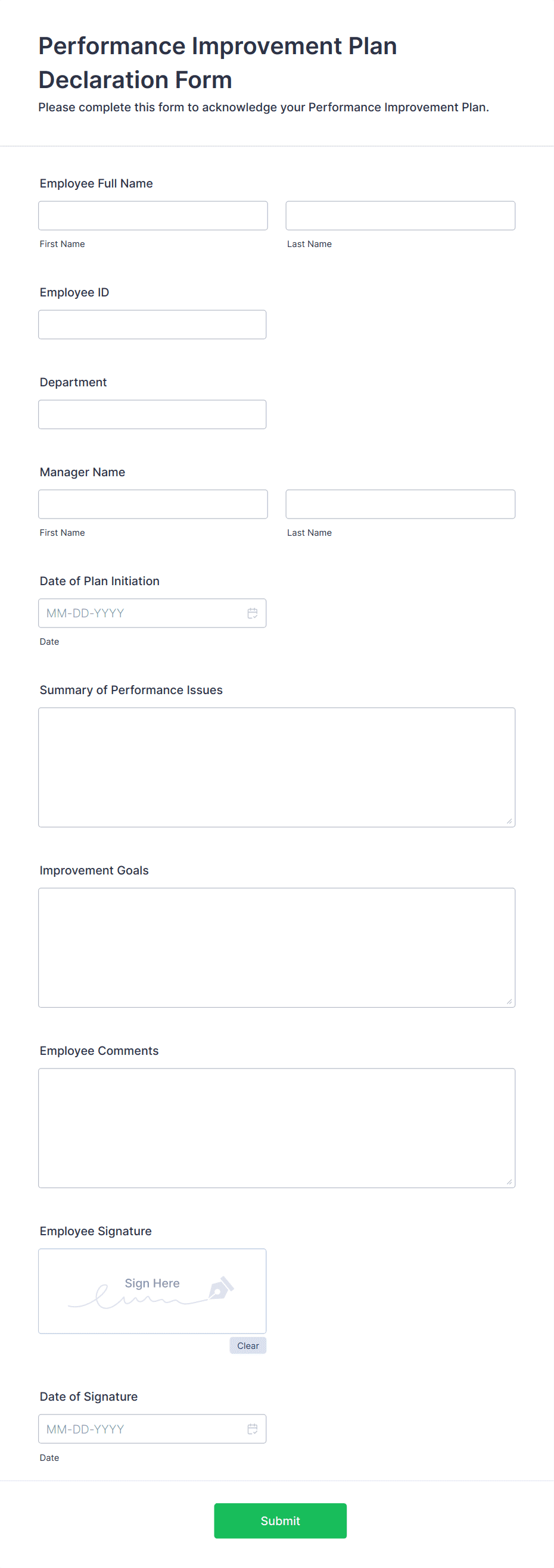 Performance Improvement Plan Declaration Form Template | Jotform