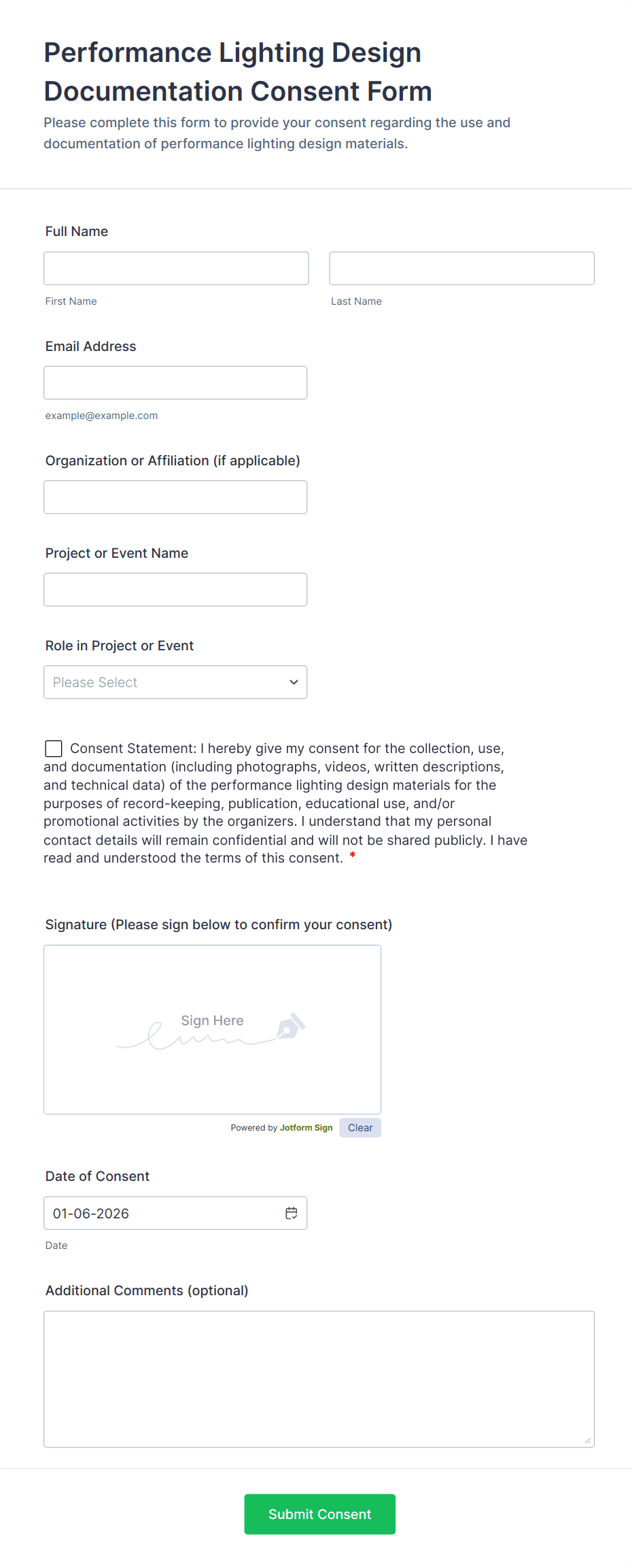 Performance Lighting Design Documentation Consent Form Template | Jotform