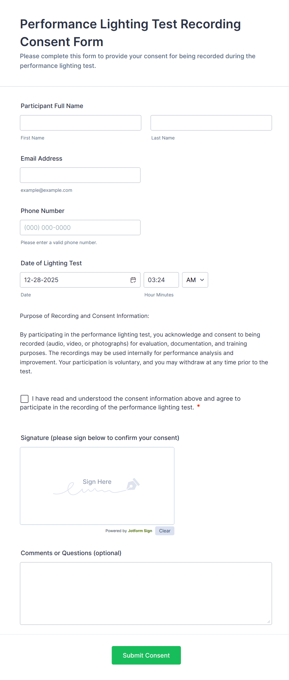 Performance Lighting Test Recording Consent Form Template | Jotform