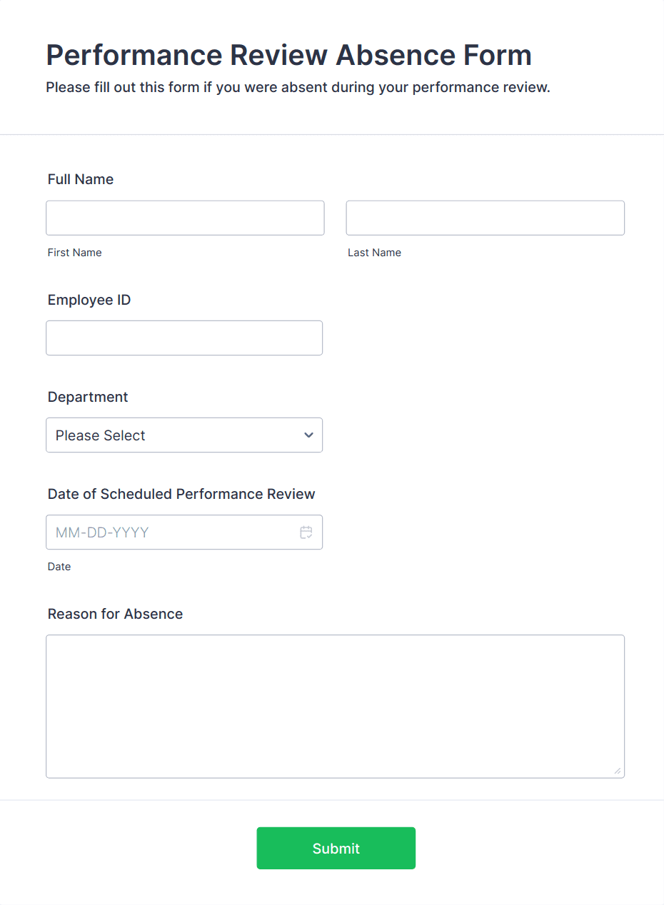 Performance Review Absence Form Template | Jotform