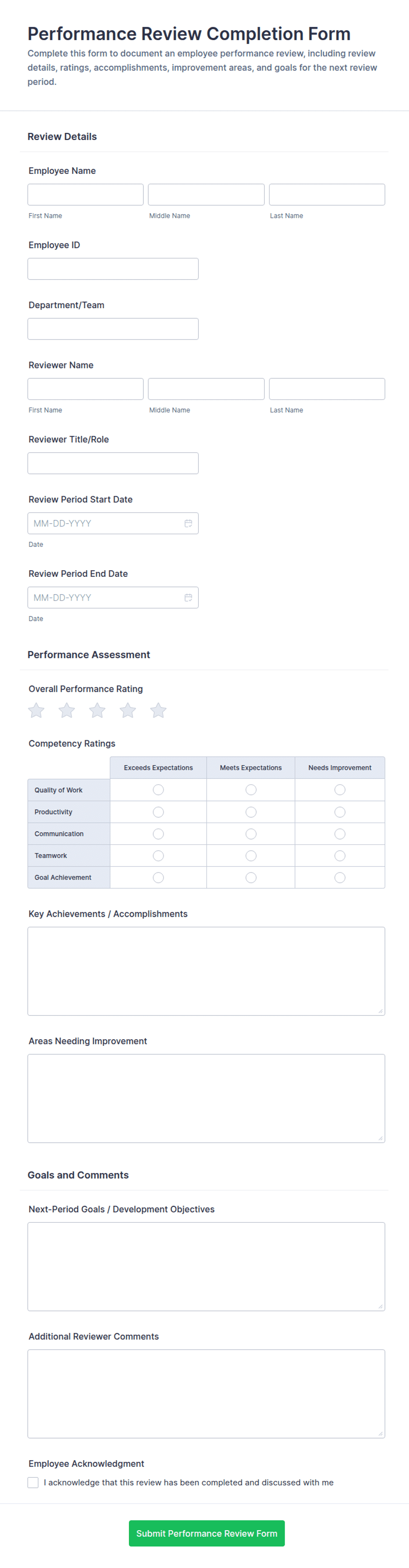 Performance Review Completion Form Template | Jotform