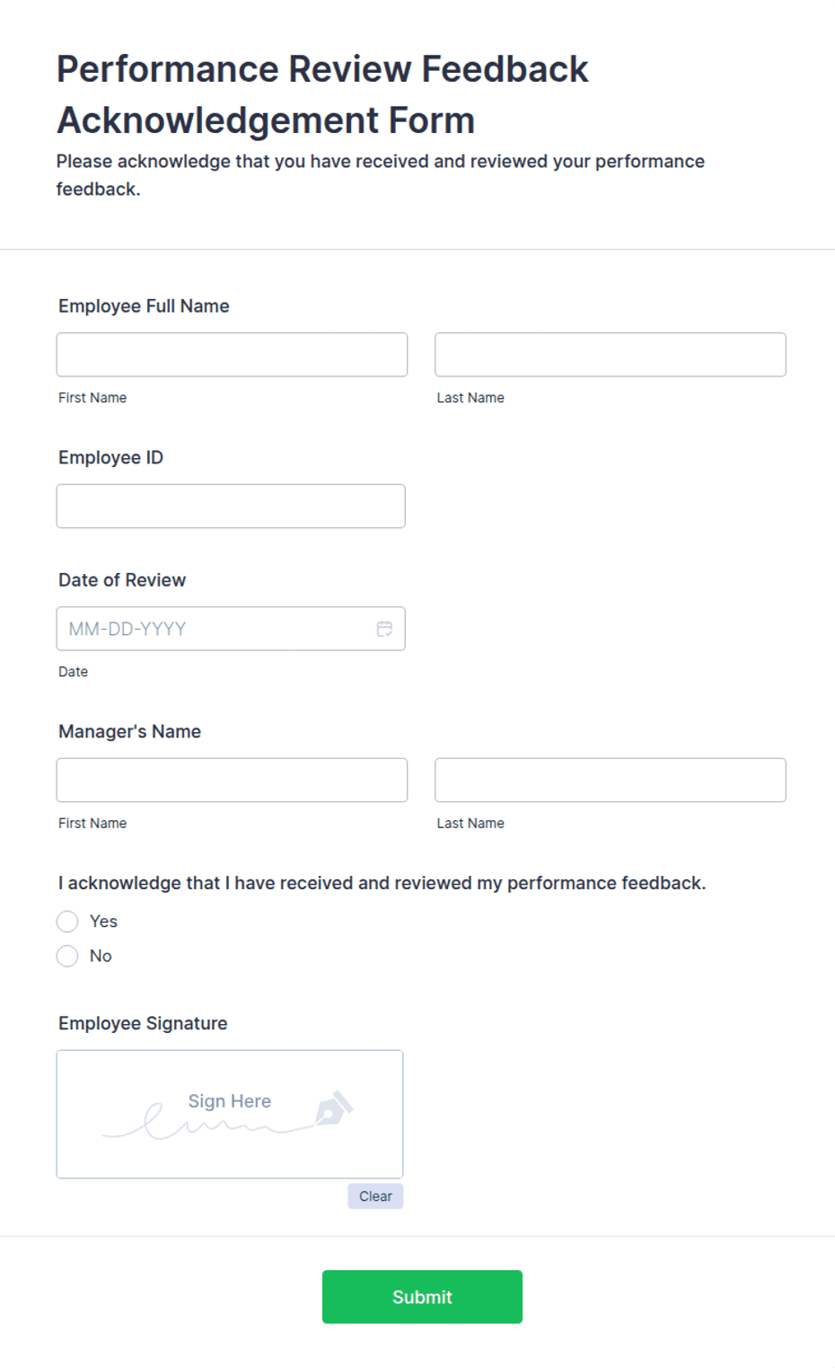 Performance Review Feedback Acknowledgement Form Template | Jotform
