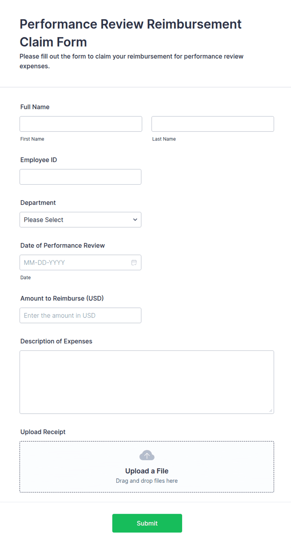 Performance Review Reimbursement Claim Form Template | Jotform
