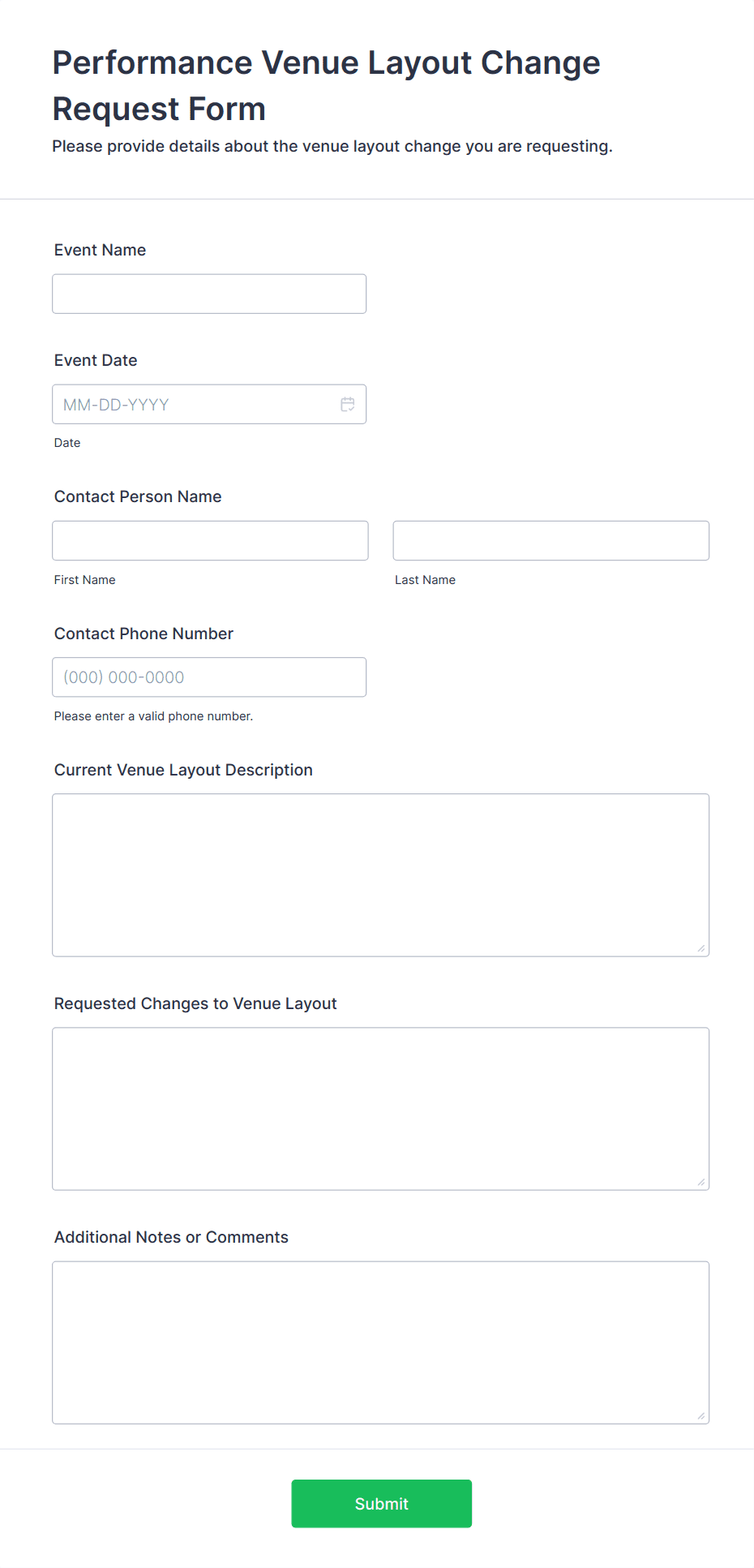 Performance Venue Layout Change Request Form Template | Jotform