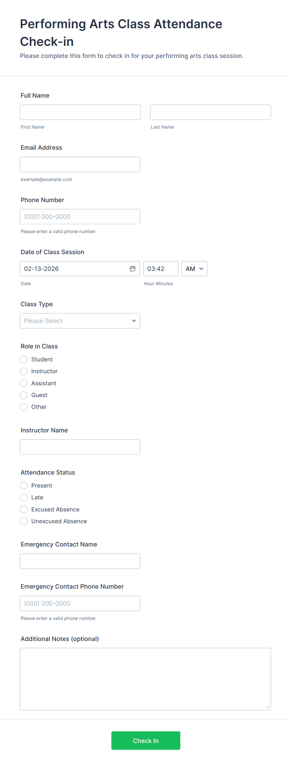 Performing Arts Class Attendance Check-in Form Template | Jotform