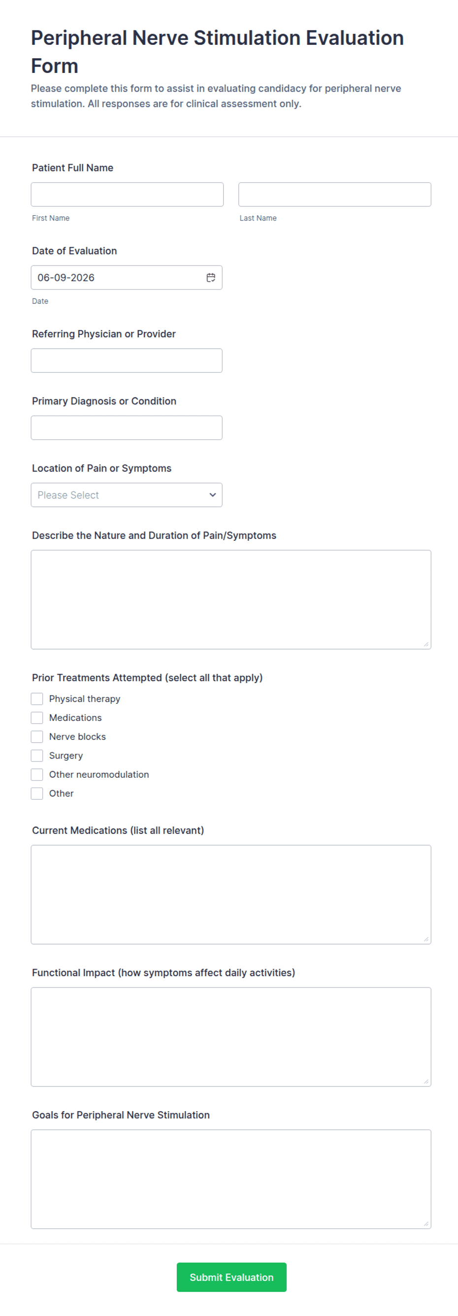 Peripheral Nerve Stimulation Evaluation Form Template | Jotform