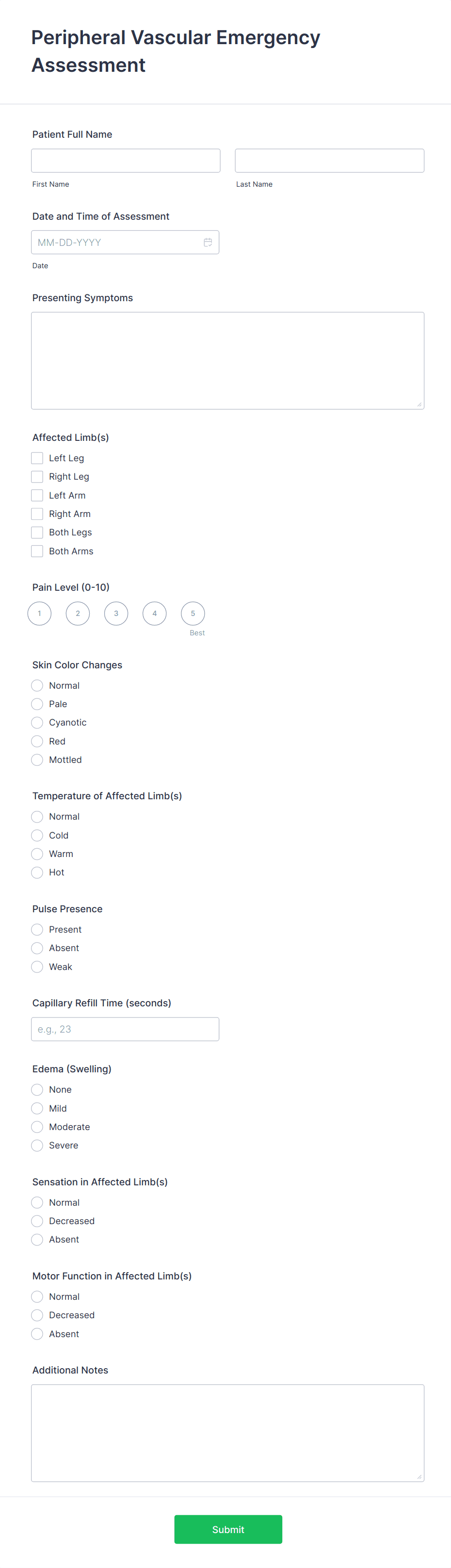 Peripheral Vascular Emergency Assessment Form Template | Jotform