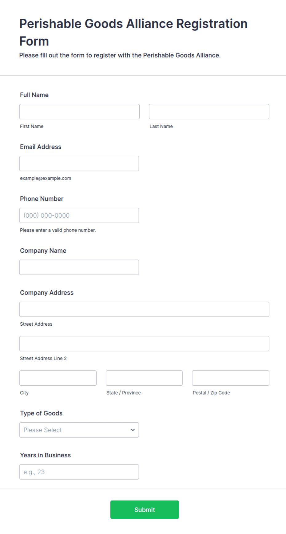 Perishable Goods Alliance Registration Form Template | Jotform
