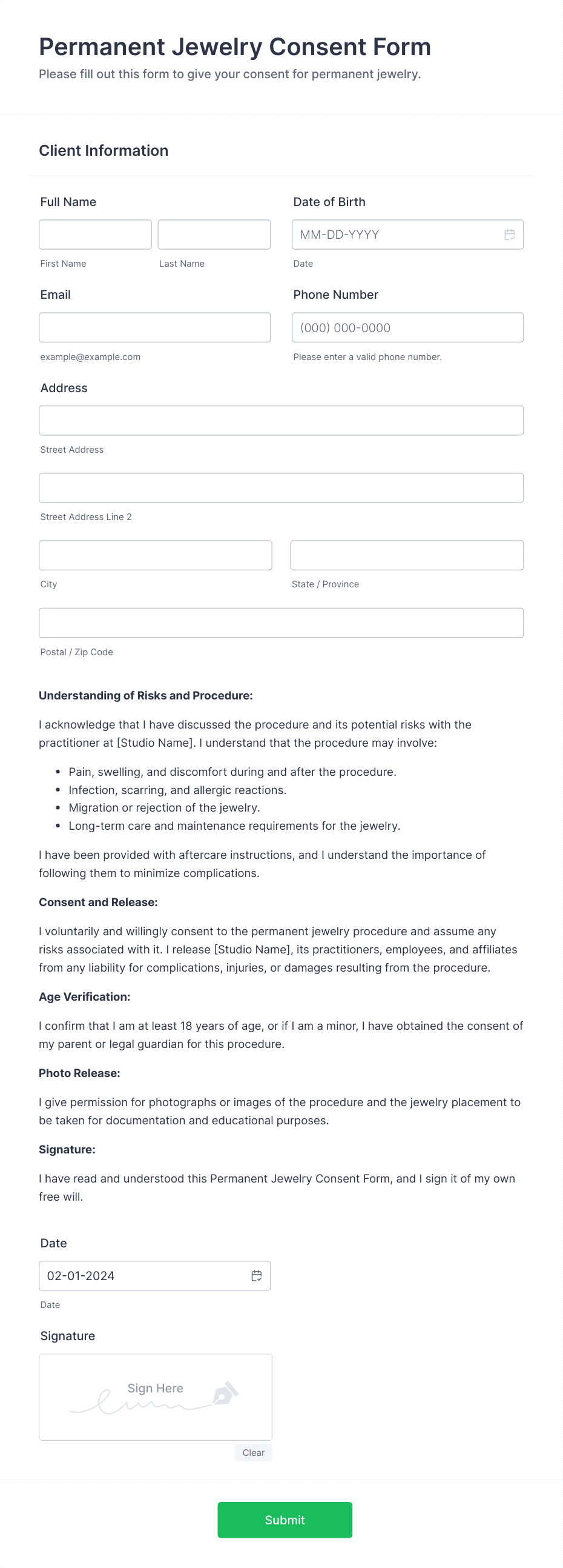 Permanent Jewelry Consent Form Template | Jotform