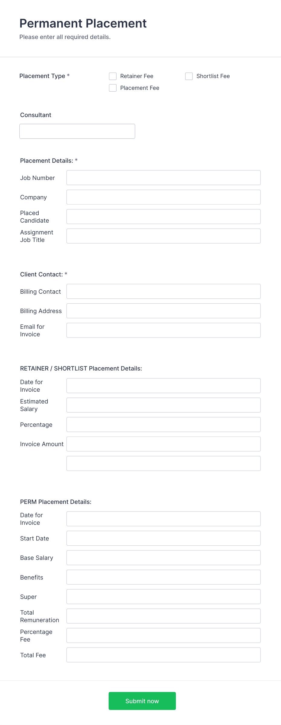 Permanent Placement Form Template | Jotform