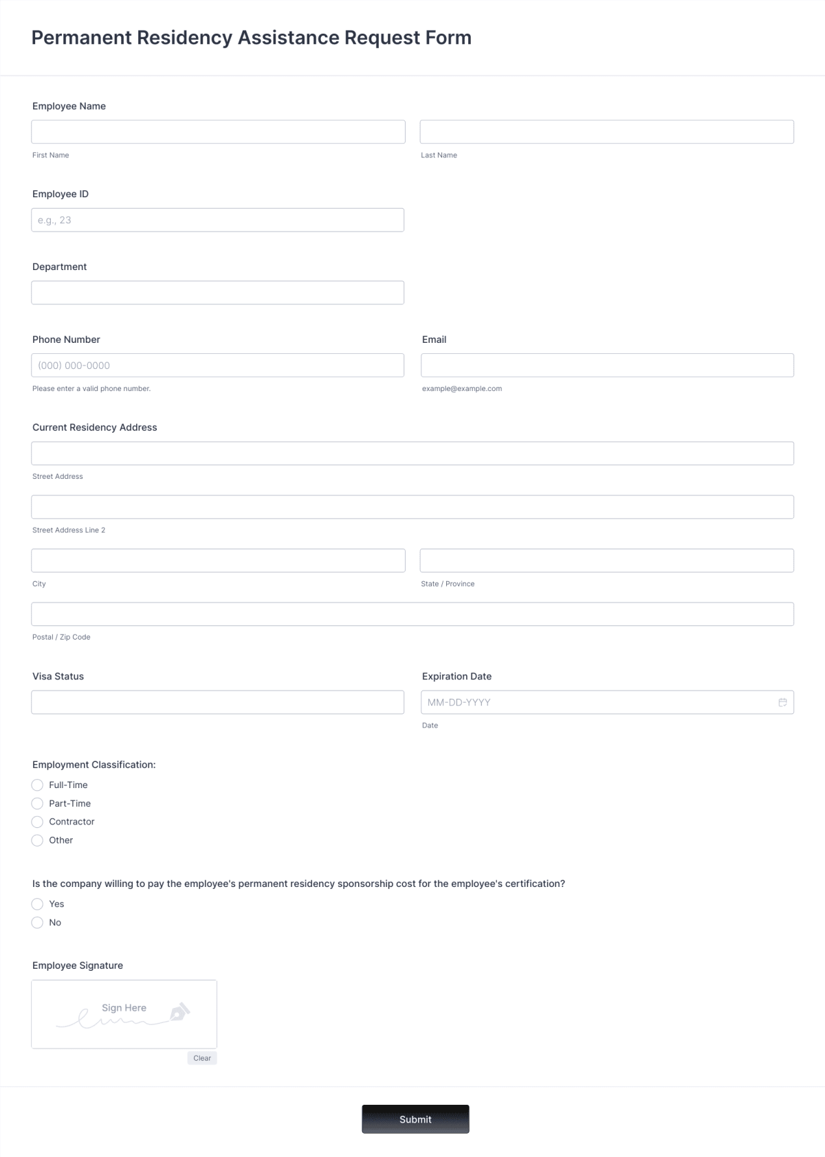 Employee Permanent Residency Assistance Request Form Template | Jotform