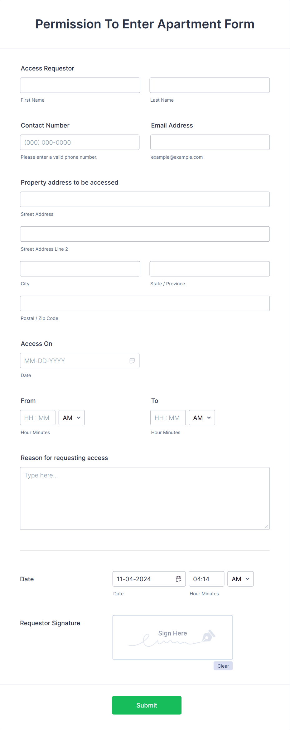 Permission To Enter Apartment Form Template | Jotform