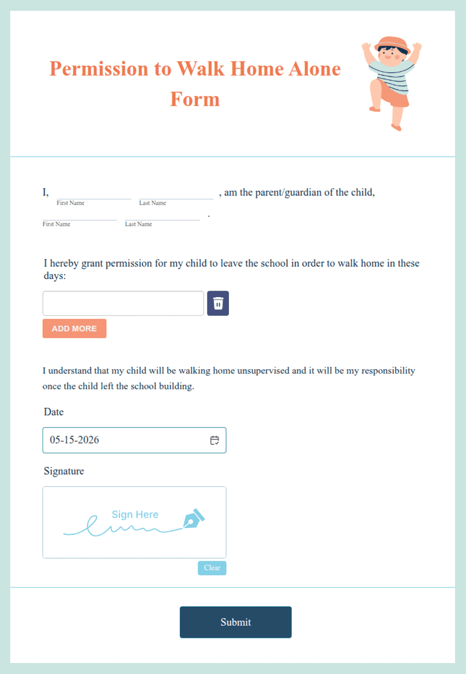 Permission to Walk Home Alone Form Template | Jotform