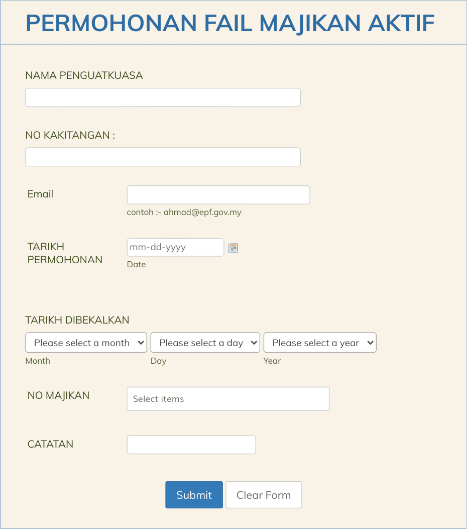 Permohonan Fail Majikan Aktif Form Template | Jotform
