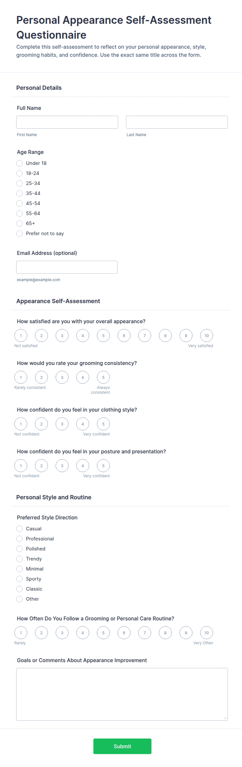 Personal Appearance Self-Assessment Questionnaire Form Template | Jotform