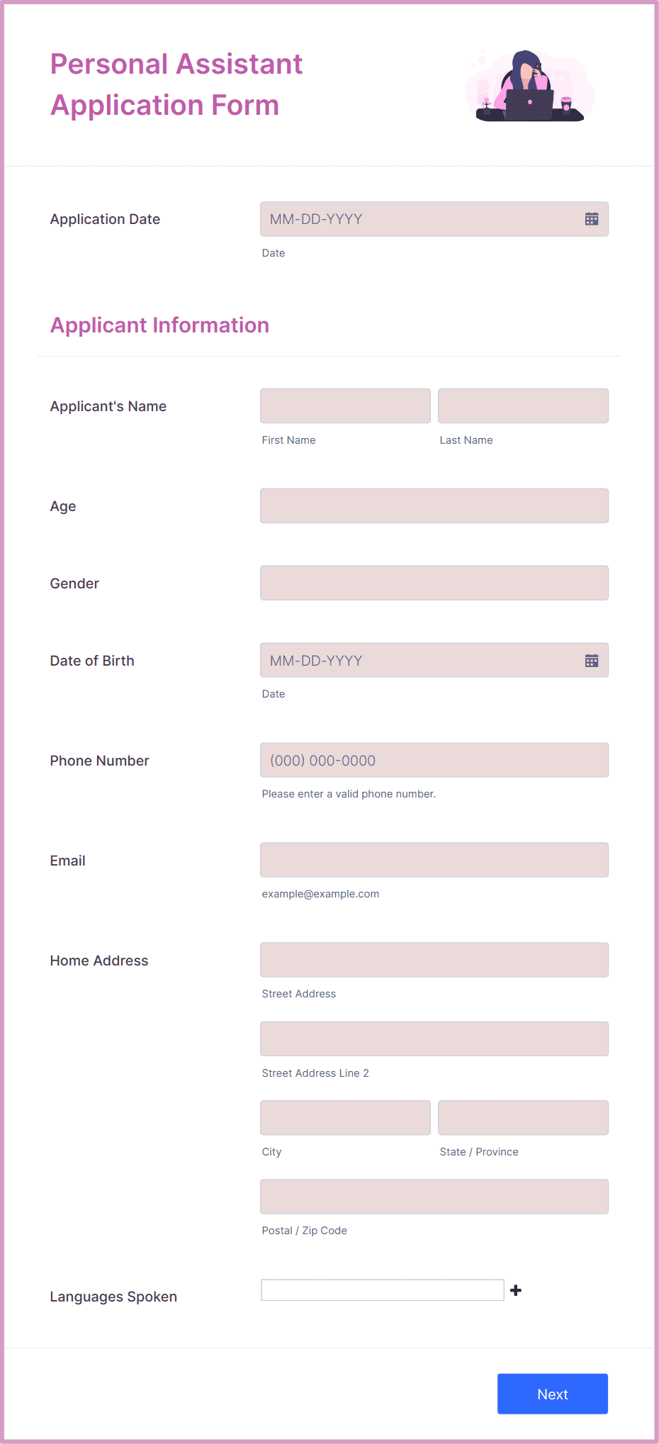 Personal Assistant Application Form Template | Jotform