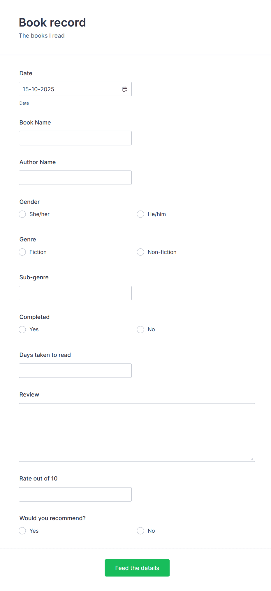 Personal Book record Form Template | Jotform